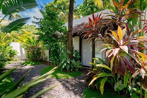 Um jardim tropical com um caminho que leva a um edifício com telhado de palha.