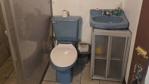 Um banheiro pequeno com vaso sanitário, pia e armário.