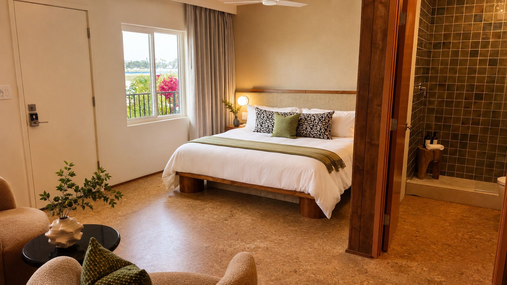 Quarto de hotel com uma cama, área de estar com uma cadeira e uma mesinha, janela com vista para o verde e banheiro com chuveiro e vaso sanitário.