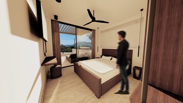 Quarto moderno com uma cama grande, ventoinha no teto e vista para o exterior.