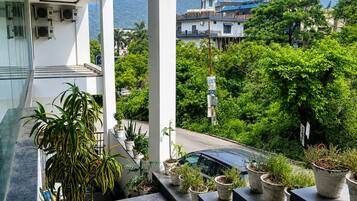 Uma varanda com plantas em vasos, vista para uma estrada e edifícios ao fundo.