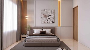 Quarto moderno com uma cama, mesa de cabeceira, obra de arte na parede e uma porta.