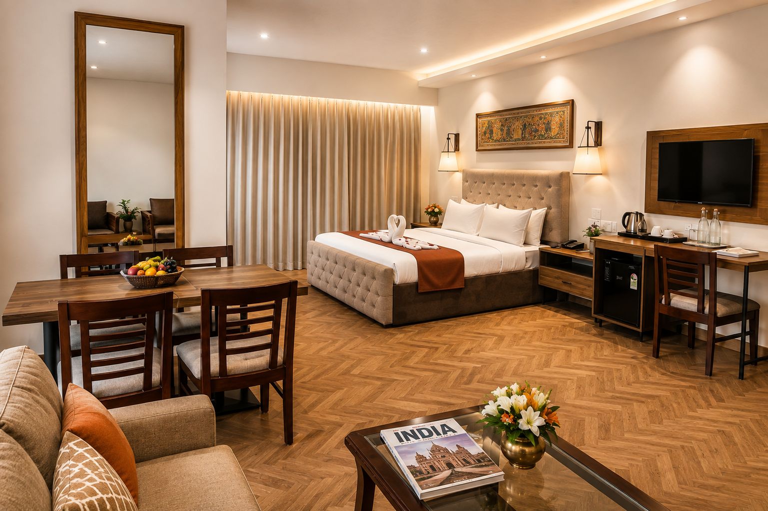 Quarto de hotel com cama, escrivaninha, mesa de jantar e televisão.