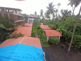 Um bairro residencial com várias casas, algumas com telhados vermelhos, rodeado por vegetação exuberante e palmeiras.