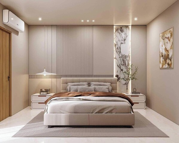 Quarto moderno com uma cama grande, mesas de cabeceira, ar condicionado fixado na parede e um vaso decorativo.