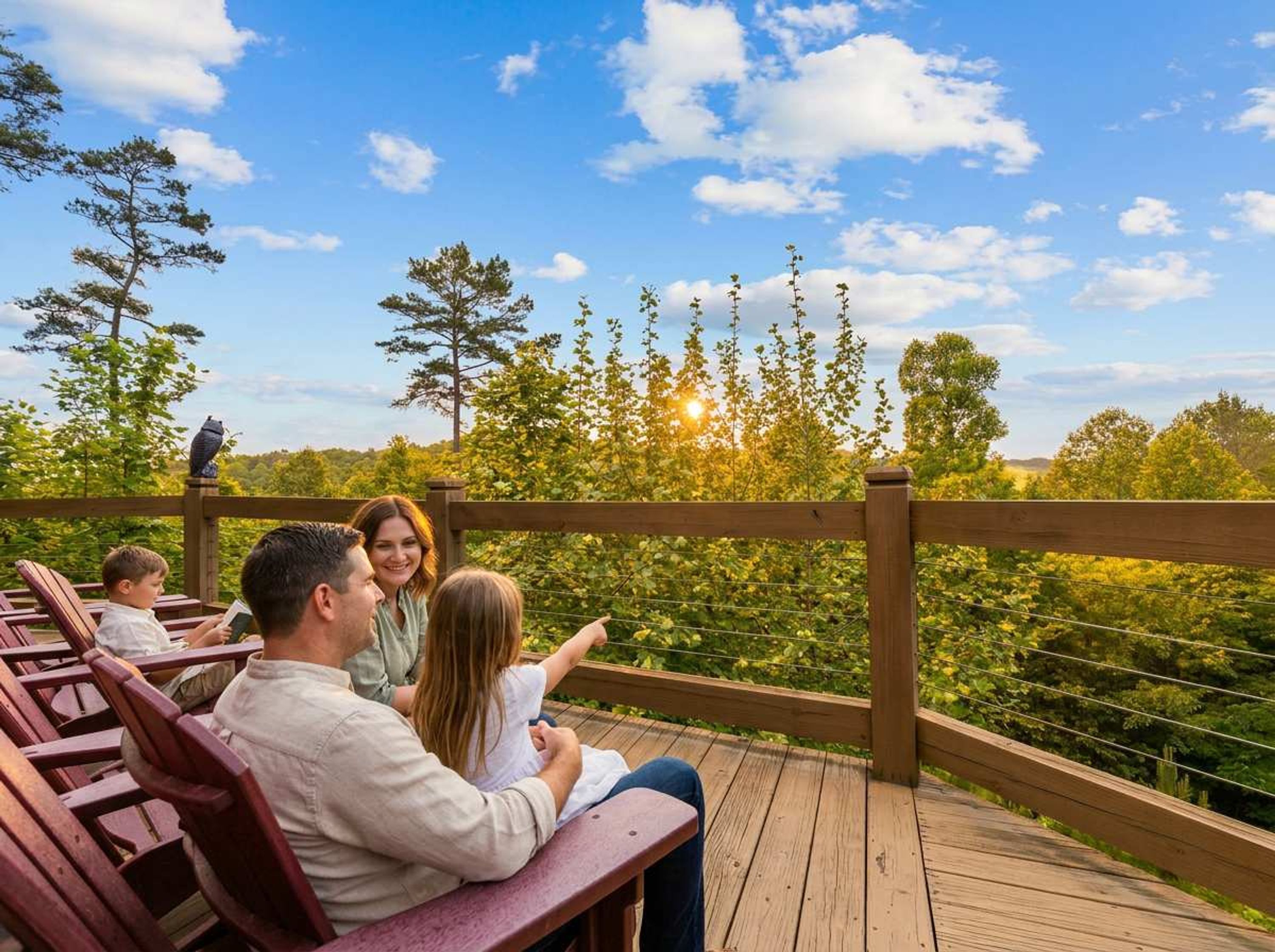 Uma família em um deck de madeira com vista para árvores e céu claro.