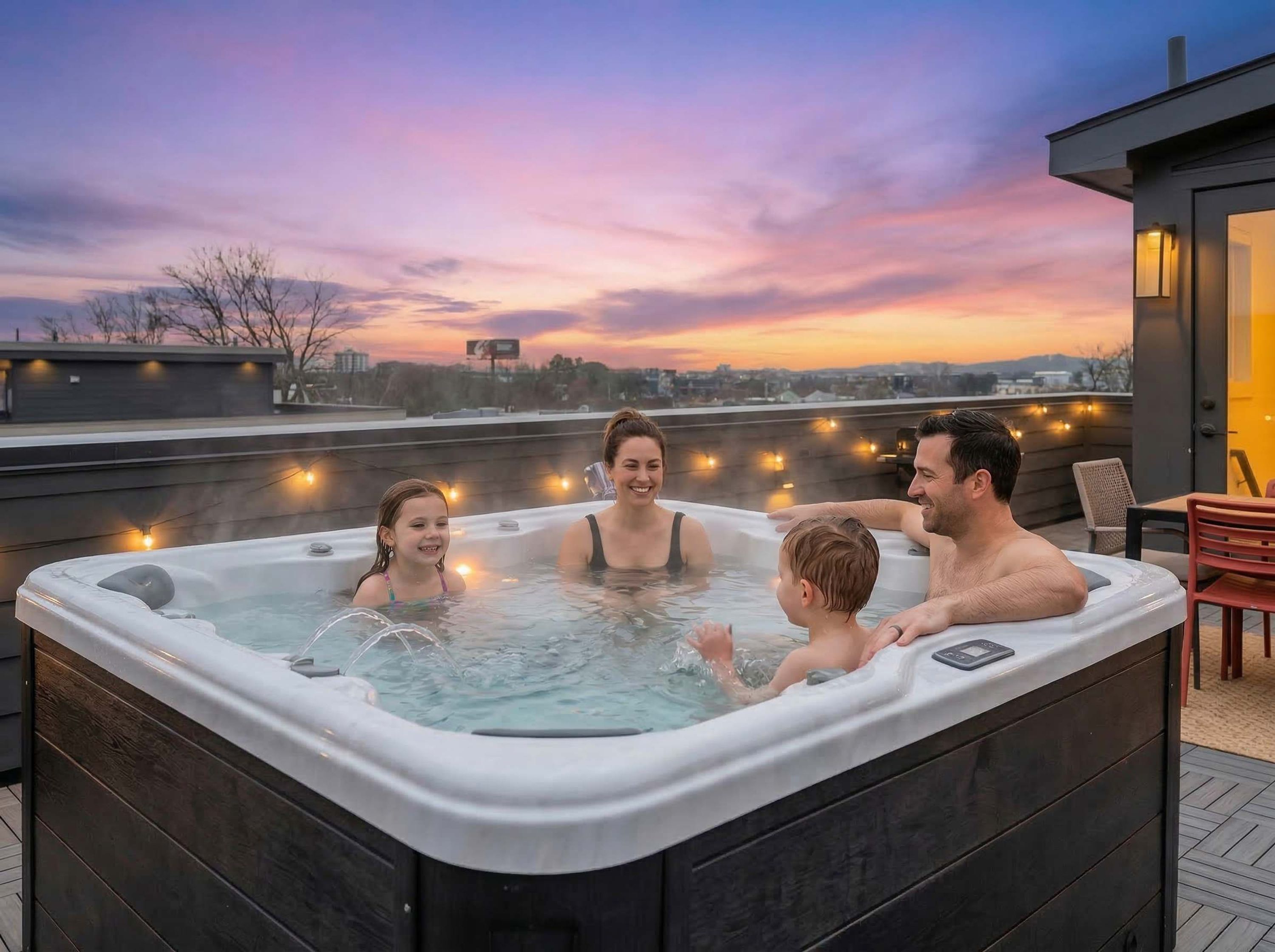 Uma família aproveitando uma banheira de hidromassagem em um terraço com vista para a cidade ao pôr do sol.