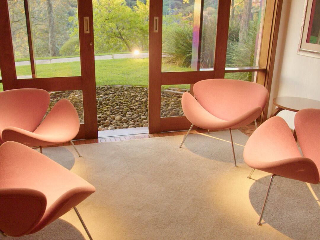 Quarto com quatro cadeiras cor de rosa dispostas em semicírculo, piso coberto por carpete e vista através de portas de vidro para uma área externa com jardim, pedras e vegetação.