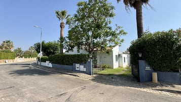 Uma rua residencial com portão de entrada, uma casa branca e uma palmeira.