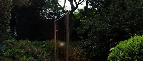 Um jardim com balanço, um muro de pedra e diversas plantas.