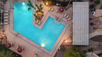Uma grande piscina retangular com uma secção em formato de L, rodeada por espreguiçadeiras e uma pequena palmeira.