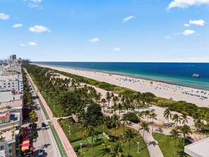 Paisagem costeira com praia, palmeiras e uma estrada com veículos.