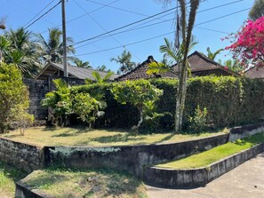 Um bairro residencial com casas, um muro de pedra e vegetação exuberante.