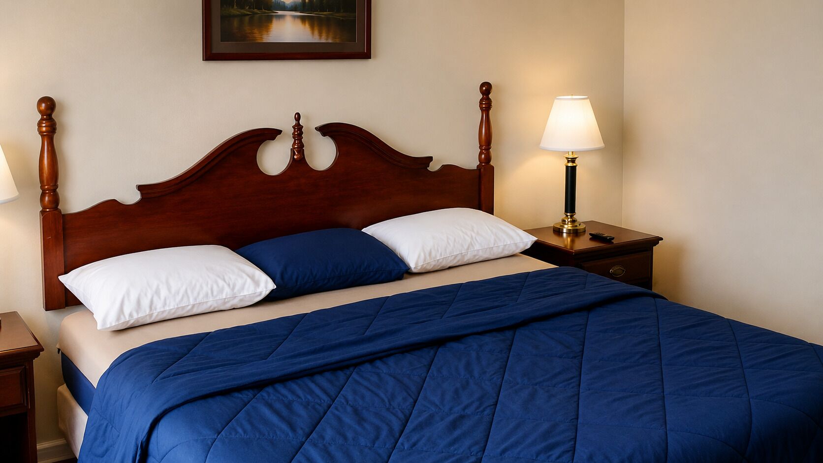 Uma cama bem arrumada com um edredom azul, duas almofadas brancas e uma cabeceira de madeira. Há duas mesas de cabeceira com abajures.