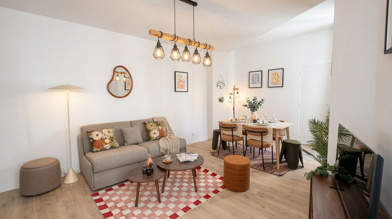 Uma sala de estar moderna com sofá, mesa de centro e área de jantar.