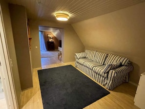 Um quarto com um sofá listrado, um tapete preto e um candeeiro no teto.