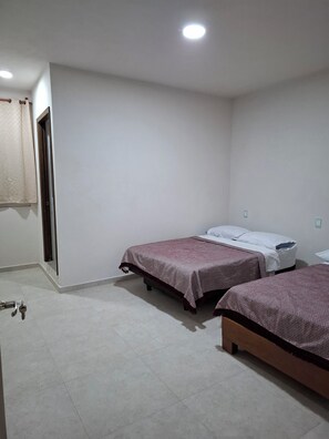 Quarto com duas camas, uma porta e um ponto de luz.