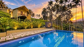 Piscina com vista para um prédio de resort e palmeiras.