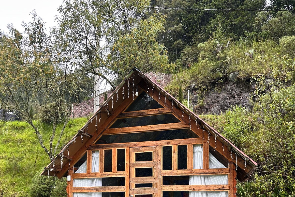 Uma cabana de madeira com telhado inclinado, porta frontal e uma pequena escadaria que leva à entrada.