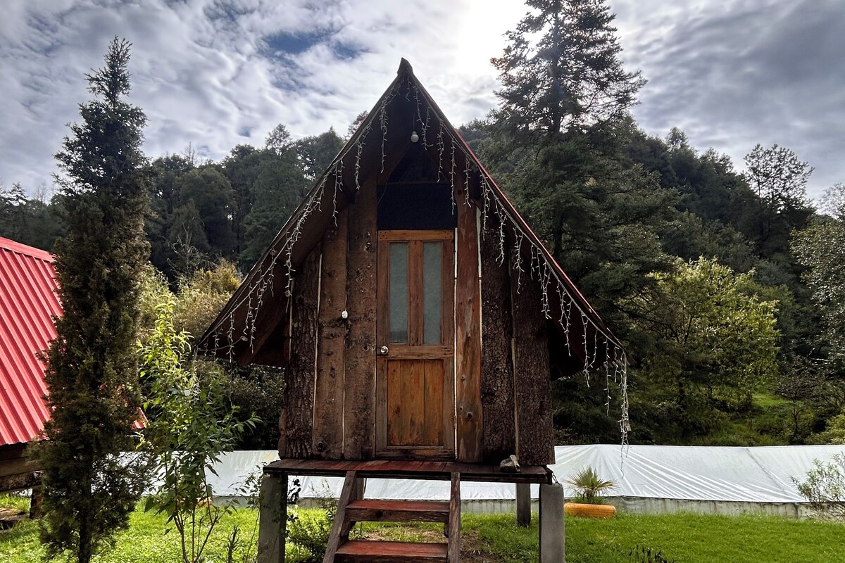 Uma cabana de madeira com porta de madeira, um lance de escadas que a levam, e telhado vermelho.