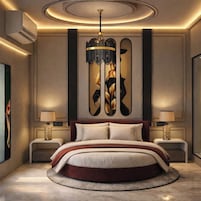 Um quarto moderno com uma cama redonda, uma obra de arte grande na parede e um candelabro exclusivo.