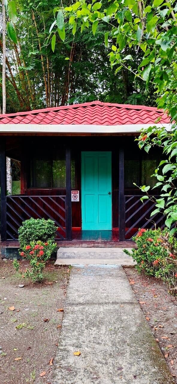 Um pequeno edifício com telhado vermelho, porta azul-turquesa e um caminho que leva até ele.