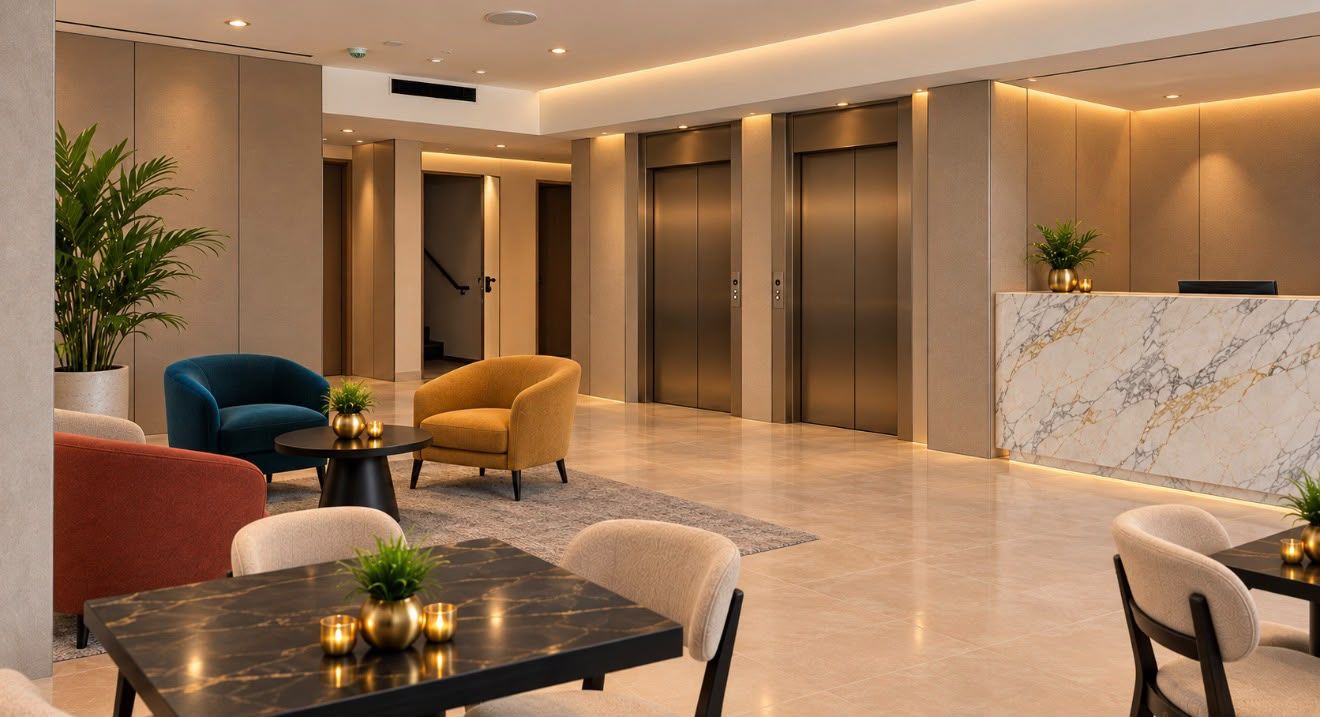 Um lobby moderno com balcão de atendimento, elevadores e área de estar com mesas e cadeiras.