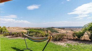 Uma rede em área gramada com vista para colinas ondulantes e vinhedos.