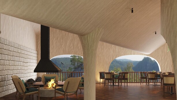 Amplo interior com lareira, área de estar e vista para o exterior.