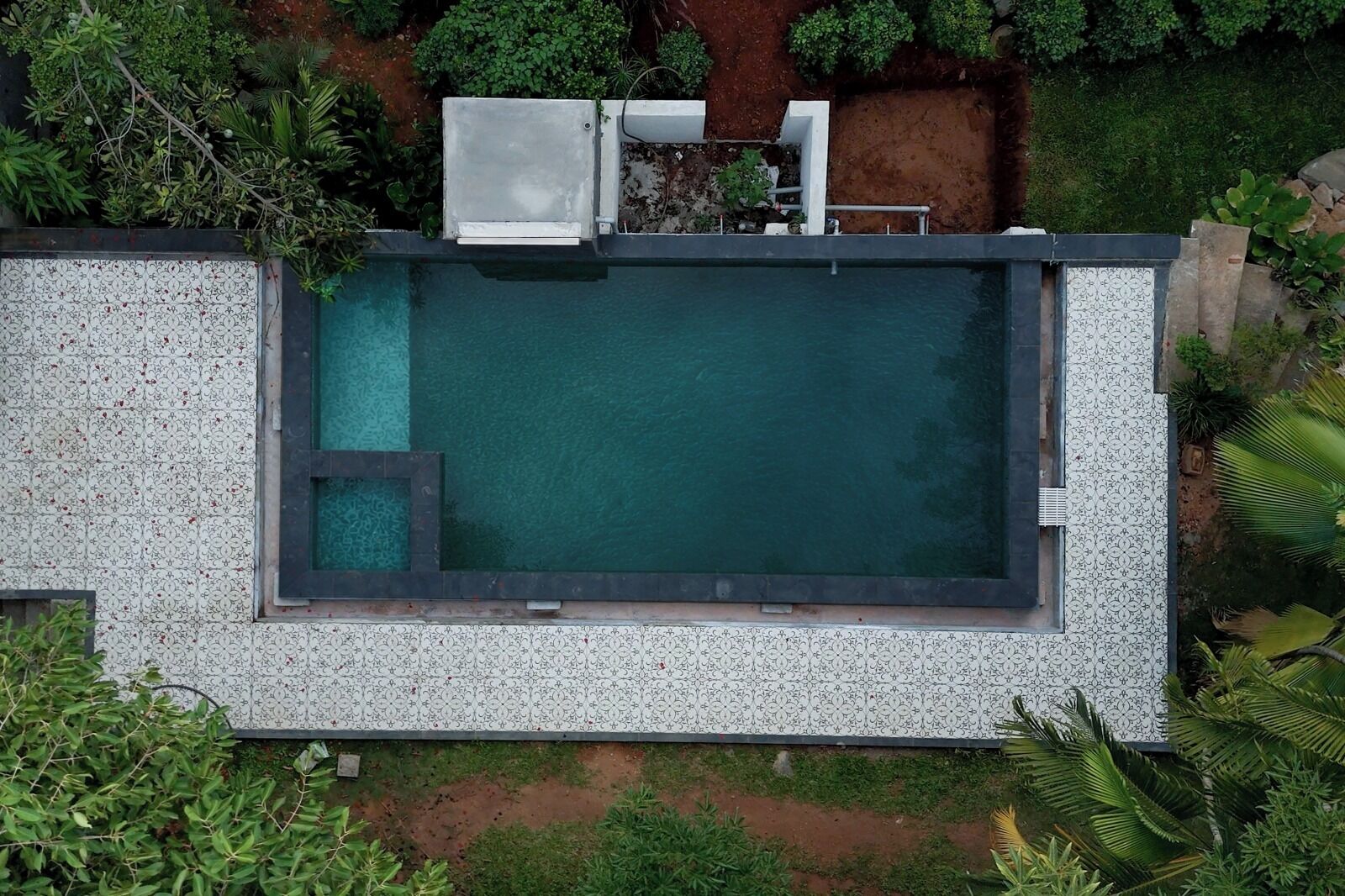 Vista aérea de uma piscina retangular com deck ladrilhado ao redor, situada em um jardim arborizado com diversas plantas e uma pequena construção.