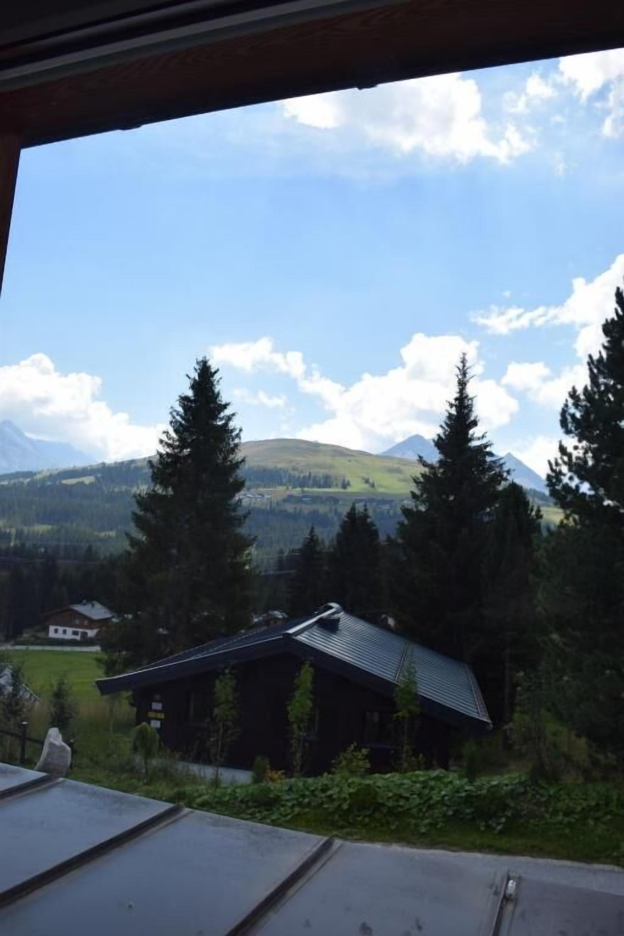 Uma cabana na montanha com telhado de metal, rodeada por árvores e céu claro.