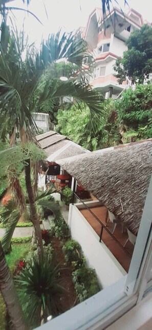 Vista de um edifício com telhado de palha, rodeado por vegetação exuberante e palmeiras.
