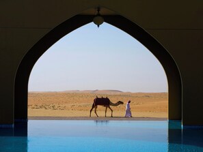 Um camelo e uma pessoa caminhando à beira da piscina em uma paisagem desértica.