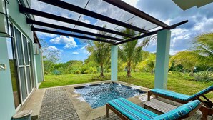 Área da piscina com duas espreguiçadeiras, uma banheira de hidromassagem pequena e vista para um jardim exuberante.