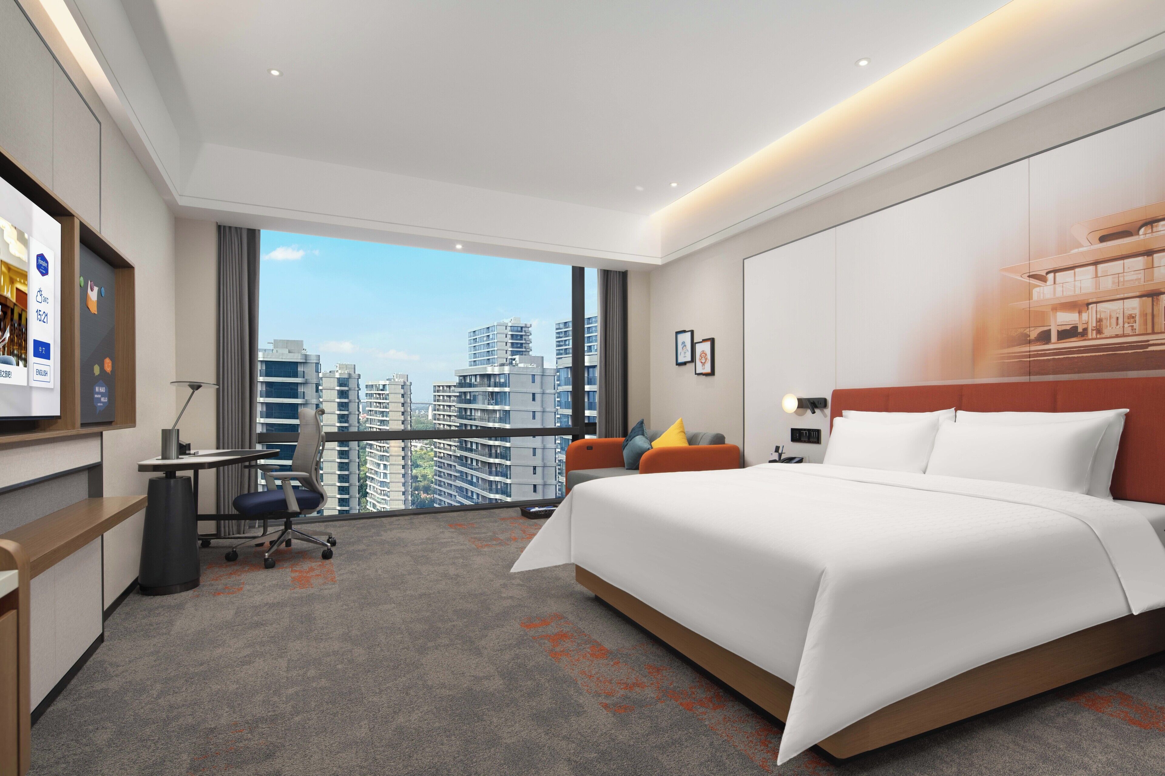 Quarto casal superior, vista para a cidade | Escrivaninha, espaço de trabalho para notebook, cortinas blackout
