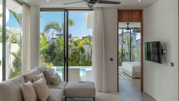 Villa, vista para a piscina | Sala de estar