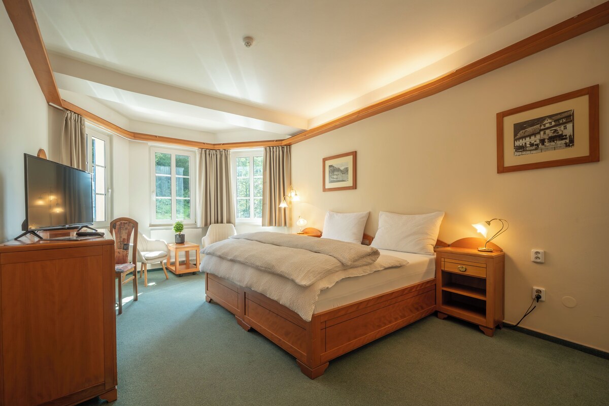 Quarto com cama de madeira, escrivaninha, cadeira, televisão e quadro na parede.