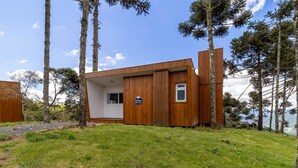 Uma cabana de madeira moderna com porta e janela, rodeada por árvores e grama.