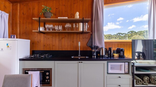 Cozinha compacta com paredes de madeira, micro-ondas embutido, fogão a gás e janela com vista para árvores.