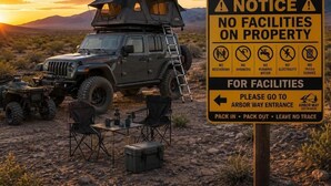Paisagem desértica com veículo e equipamento de camping, placa indicando a ausência de instalações na propriedade e indicações para a entrada Arbor Way.