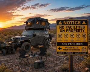 Paisagem desértica com veículo e equipamento de camping, placa indicando a ausência de instalações na propriedade e indicações para a entrada Arbor Way.