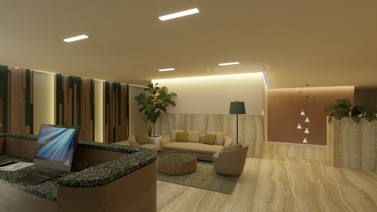 Uma área de recepção moderna com balcão, computador, assentos e plantas decorativas.