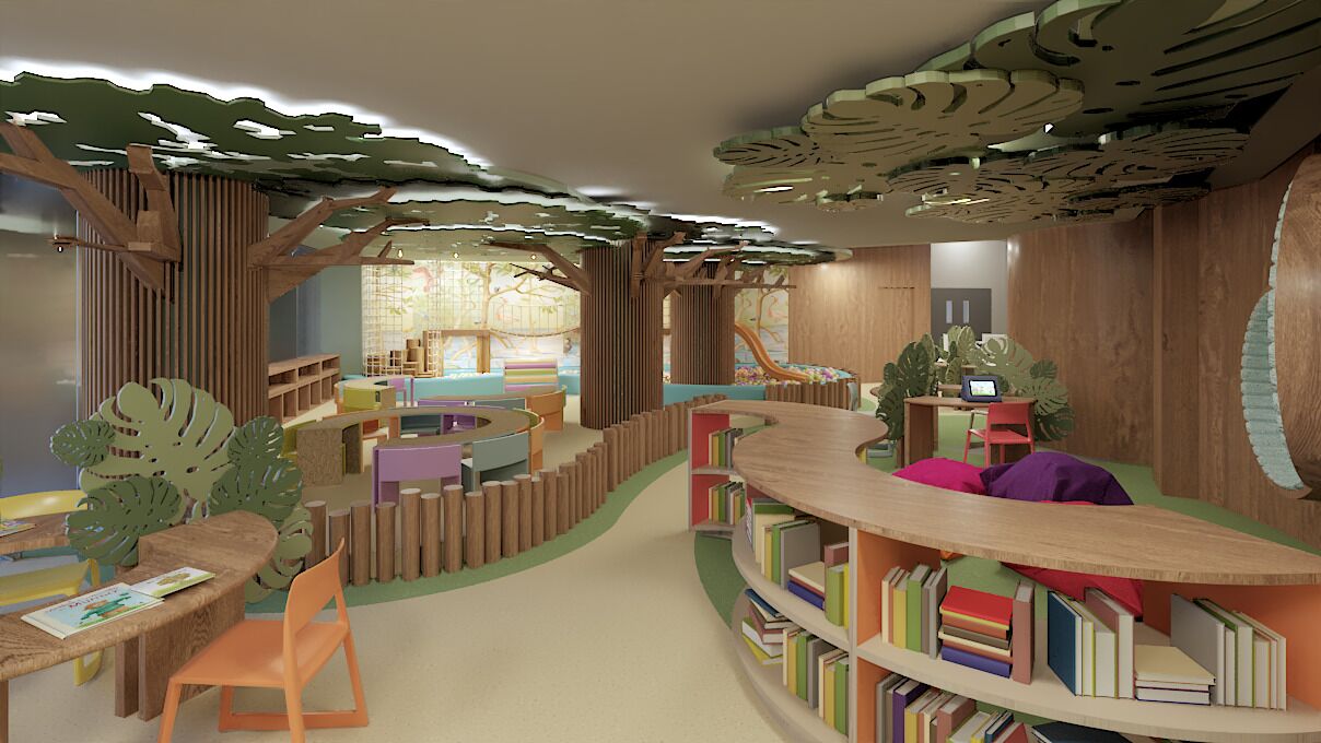 Uma área de recreação infantil com estante curva, assentos e uma estrutura de brincar com formato de árvore.