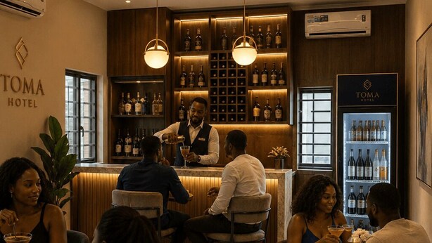 Uma área de bar com um barman, um refrigerador de vinho e hóspedes sentados em mesas.