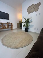 A living room with a flat-screen TV, a round woven rug, a potted plant, and a wall-mounted light fixture.
