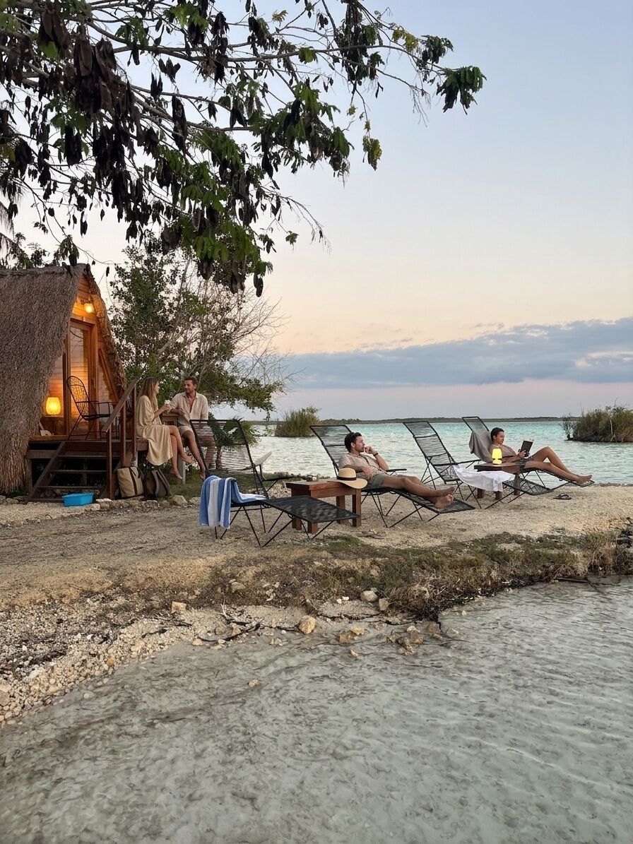 Uma cabana à beira-mar com telhado de palha, área de estar externa e vista para a água.