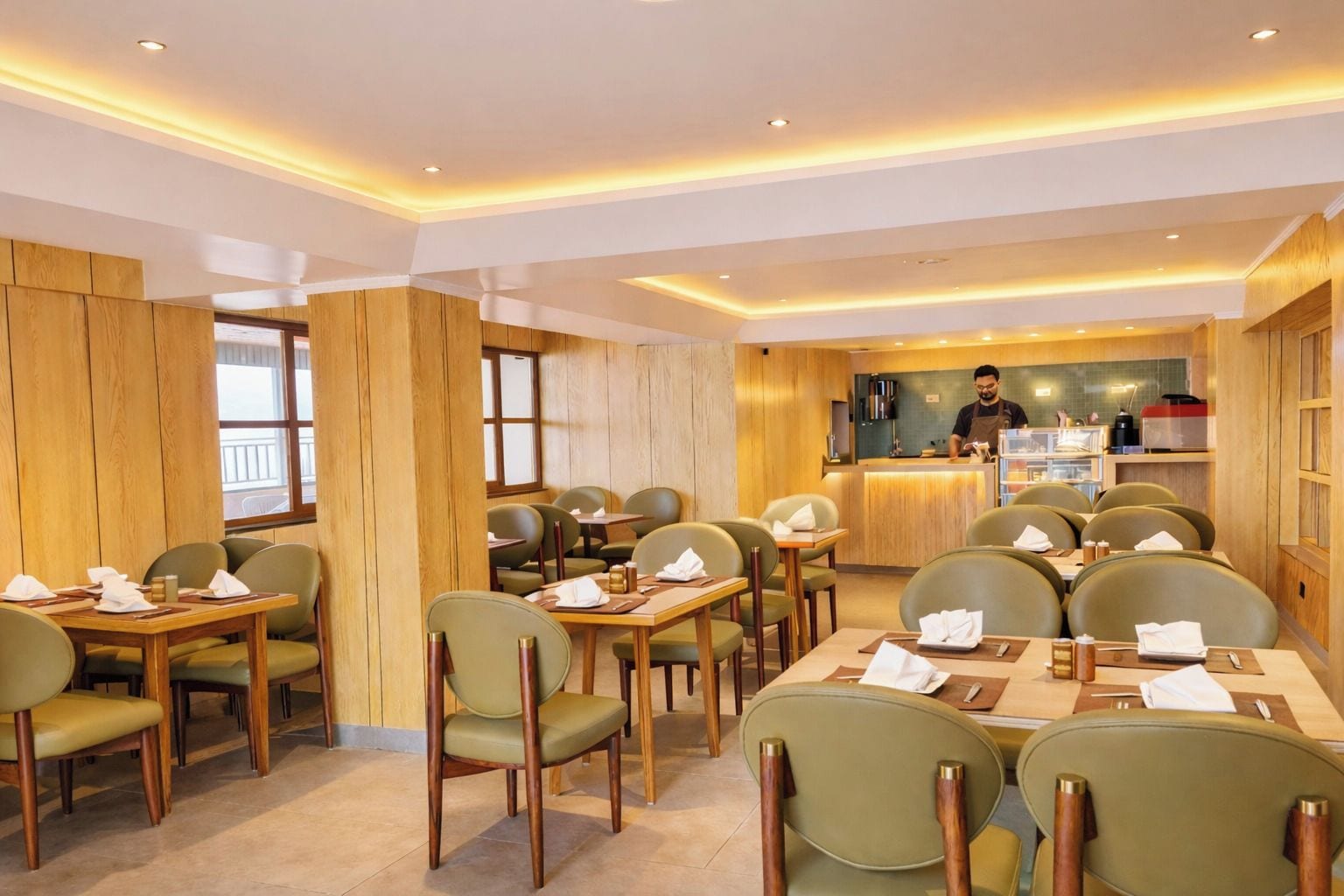 Um restaurante com paredes de painel de madeira, cadeiras estofadas verdes e um balcão com um chefe de cozinha.