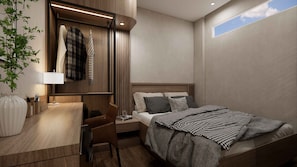 Um quarto moderno com cama, mesas de cabeceira, escrivaninha e guarda-roupa.