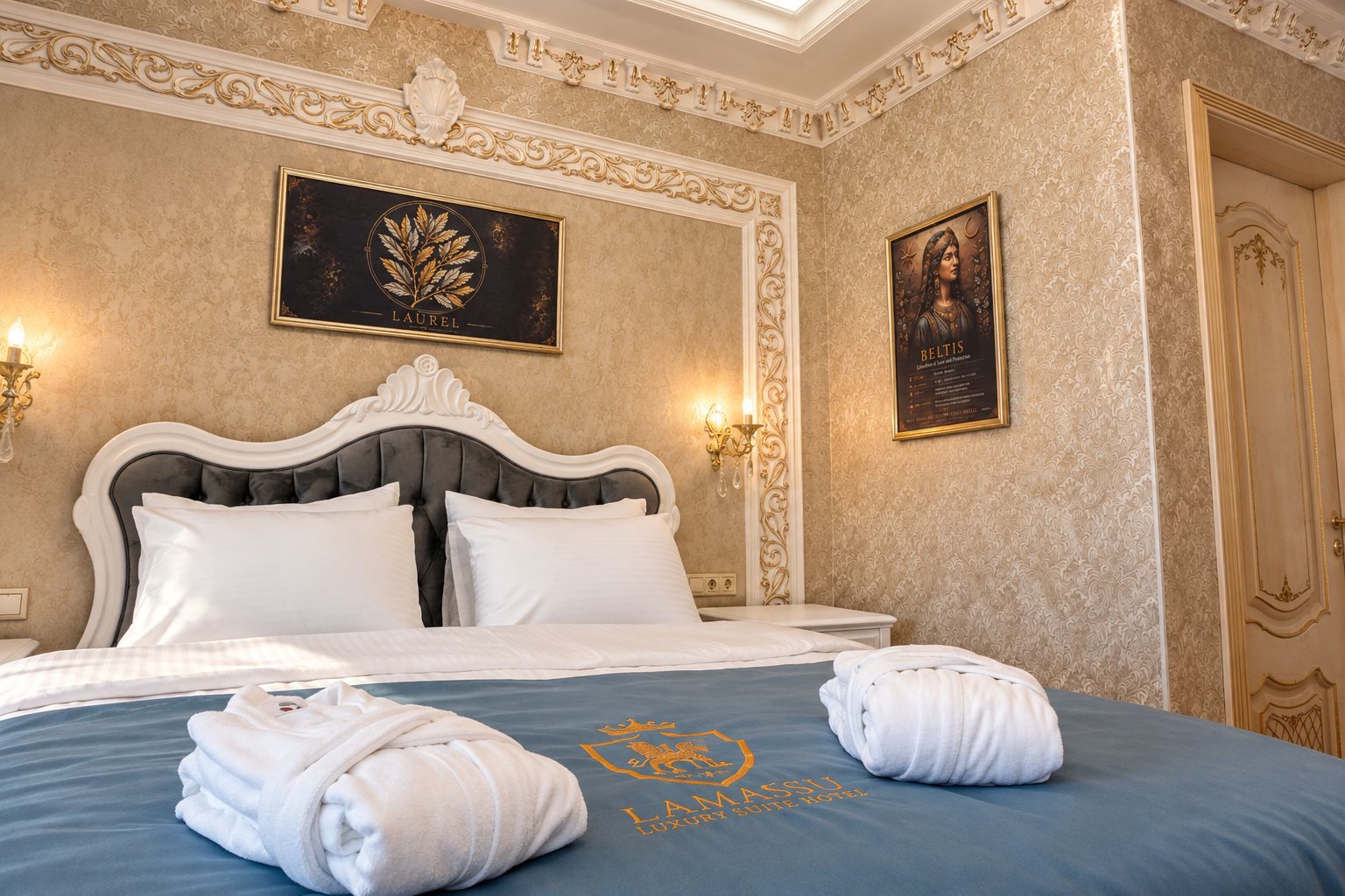 Quarto de hotel de luxo com cama grande, cabeceira elaborada e painéis decorativos na parede.