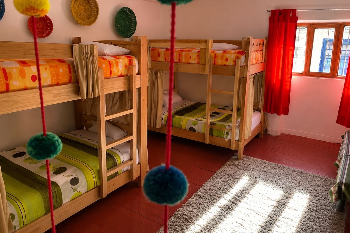 Um quarto com beliches, uma janela com cortinas vermelhas e um tapete no chão.